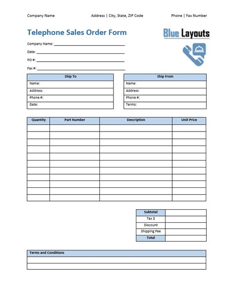 Printable Telephone Sales Order Forms Blue Layouts