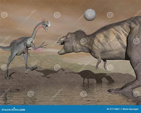Gigantoraptor And Tyrannosaurus 3d Render Stock Illustration Illustration Of Pond Fossil