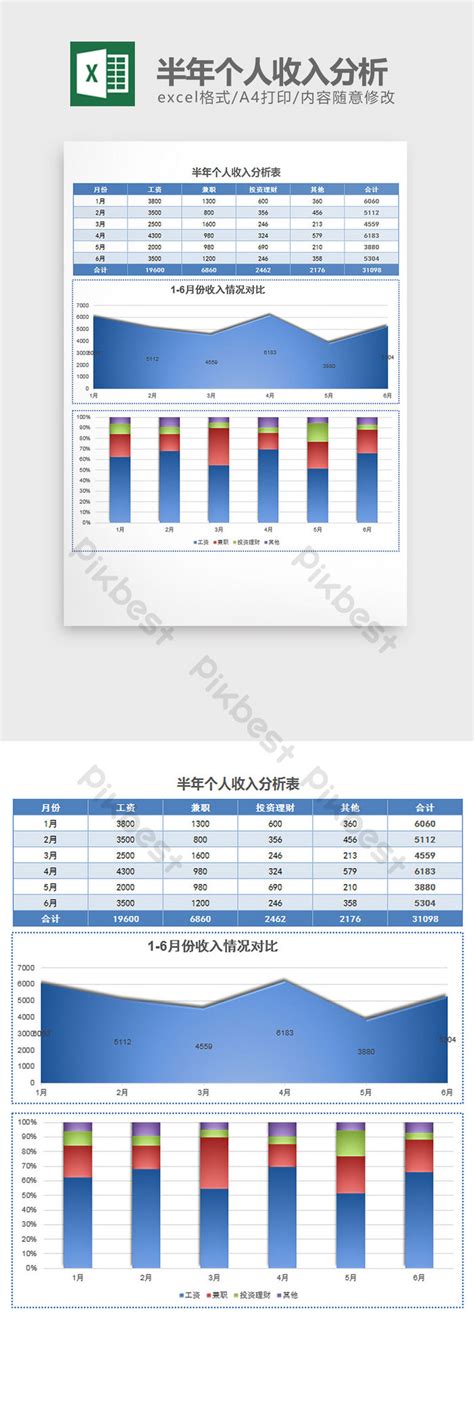 藍色實用半年個人收入分析表excel模板 Xlsx Excel模板範本素材免費下載 Pikbest