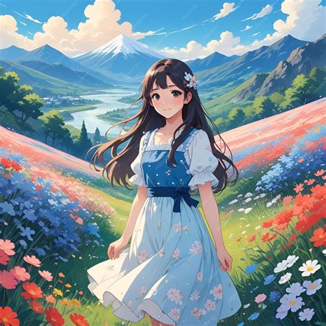 Magic Among Flowers Anime Girls Serene World Premium Ai Generated Image