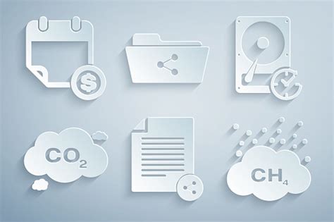 공유 파일 설정 시계 방향의 하드 디스크 드라이브 클라우드의 Co2 배출량 메탄 감소 폴더 및 재무 캘린더 아이콘 벡터 3차원 형태에 대한 스톡 벡터 아트 및 기타 이미지