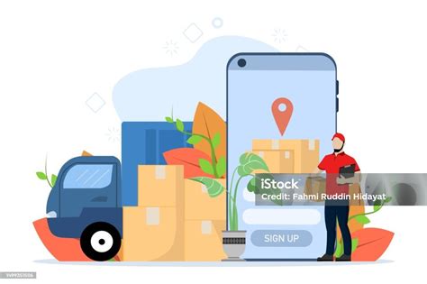 배달 서비스 개념 온라인 배달 앱 소포가 있는 밴 배달 택배 모바일 앱으로 소포 위치 추적 배달 서비스 흰색 배경에 평면 그림 벡터입니다 배달부에 대한 스톡 벡터 아트 및