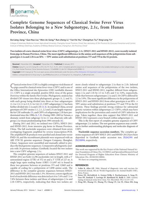 Pdf Complete Genome Sequences Of Classical Swine Fever Virus Isolates Belonging To A New