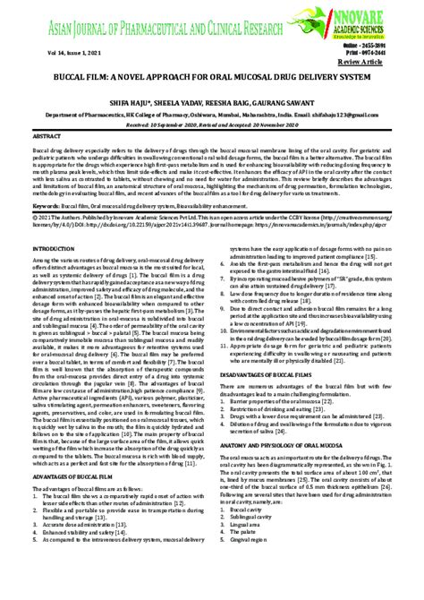 Pdf Buccal Film A Novel Approach For Oral Mucosal Drug Delivery System