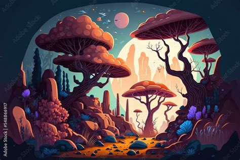 Parallax Background Alien Planet 2d Landscape With Fantasy Mushrooms Trees Or Buildings And
