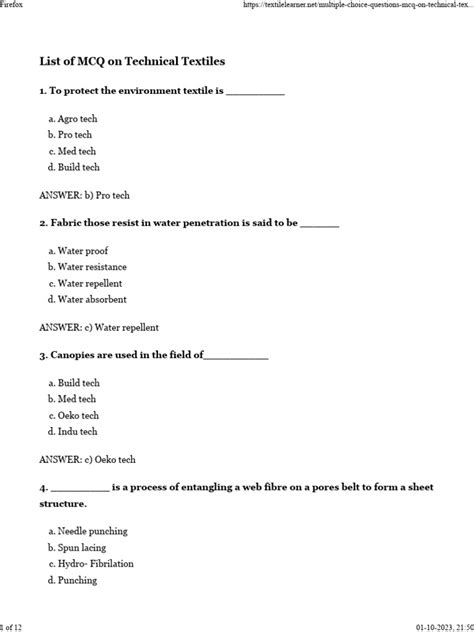 Mcq On Technical Textiles Pdf