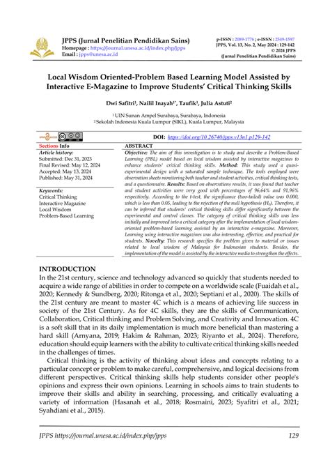 pdf local wisdom oriented problem based learning model assisted by