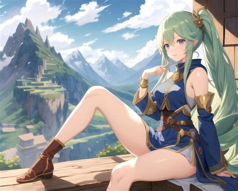 Chica anime sentada en una cornisa con montañas al fondo Foto Premium