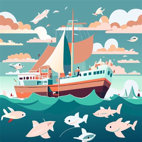 Premium Vector There Is A Big Fishing Boat Catching A Lot Of Fish In