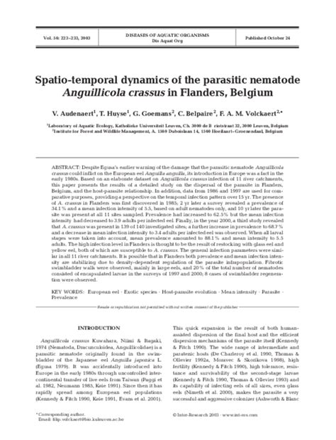 Pdf Spatio Temporal Dynamics Of The Parasitic Nematode Anguillicola Crassus In Flanders