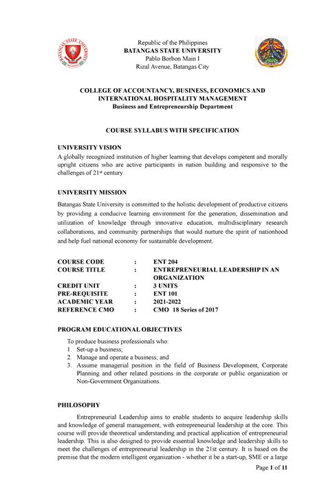Ent 204 Syllabus 2102 Republic Of The Philippines Batangas State University Pablo Borbon Main