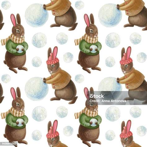 토끼와 매끄러운 패턴 토끼 겨울 눈덩이 싸움 크리스마스 새해 그림 아크릴과 구아슈 컬러 일러스트레이션 인쇄는 벽지 디자인 직물 섬유에 사용됩니다 12월에 대한 스톡 벡터