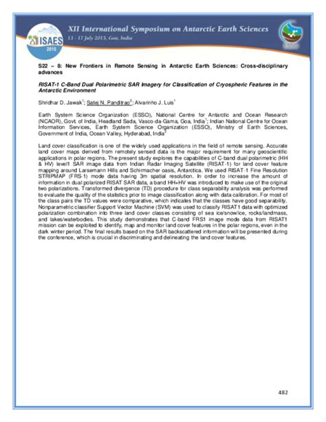 Pdf Risat 1 C Band Dual Polarimetric Sar Imagery For Classification Of Cryospheric Features In