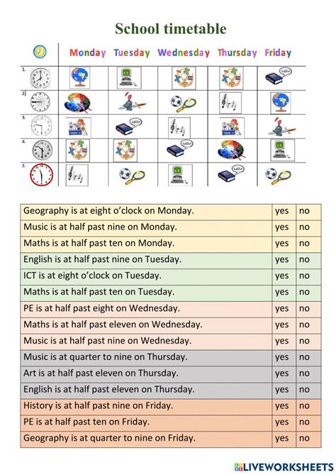 School Timetable Reading Worksheet