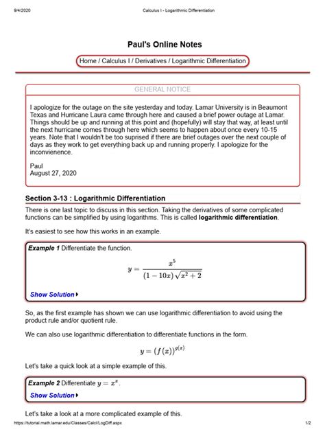 Week 007 Calculus I Logarithmic Differentiation Pdf Derivative Subtraction