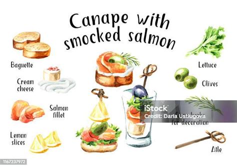 축제 테이블에 대한 전채 연어 필레 레시피와 재료 세트가 있는 미니 카나페 흰색 배경에 격리 된 수채화 손으로 그린 그림 고명에