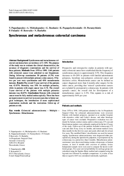 Pdf Synchronous And Metachronous Colorectal Carcinoma