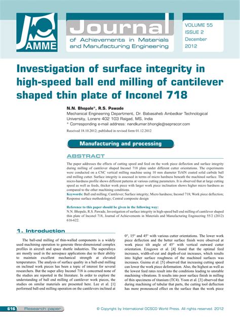 Pdf Investigation Of Surface Integrity In High Speed Ball End Milling