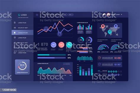대시보드 Ui 인포그래픽 요소 Hud 다이어그램 인포 그래픽이 있는 관리자 패널 벡터 디자인 템플릿 경영자에 대한 스톡 벡터