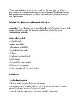 Synthesis Of Aspirin Lab By Jays Stuff TPT