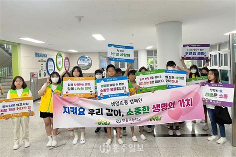 한울초등학교 등굣길 생명 존중 캠페인 실시 홍주일보