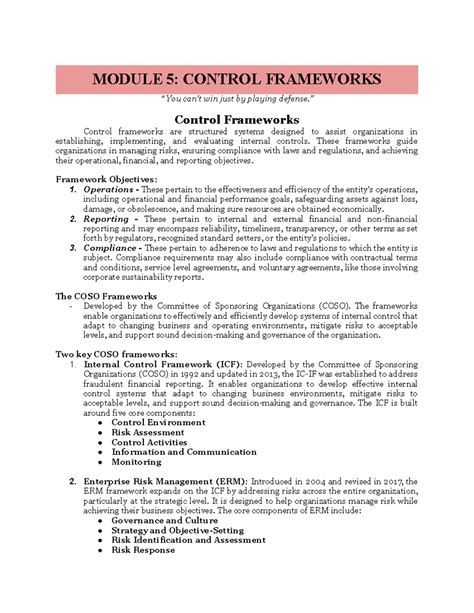 Module 5 And 6 Notes Control Frameworks Of Internal Auditor Module 5 Control Frameworks You