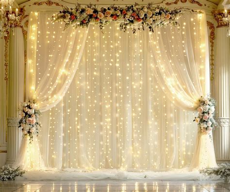 10x10ft Champagne Tulle Backdrop Curtain With Lights String