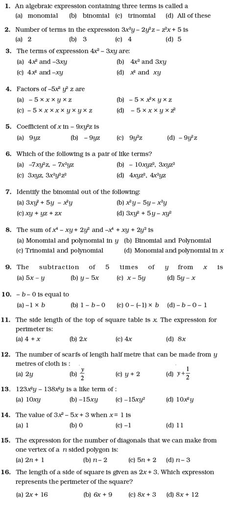 Class 7 Important Questions For Maths Algebraic Expressions Worksheets Library