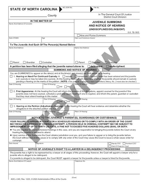 North Carolina Juvenile Summons And Notice Of Hearing What Is A