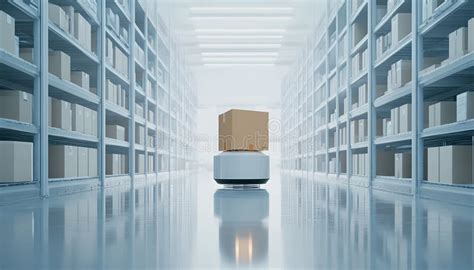 Automated Robot Transporting Box In A Modern Warehouse Setting Stock