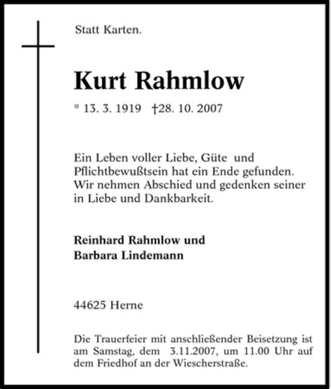 Traueranzeigen Von Kurt Rahmlow Trauer In Nrw De