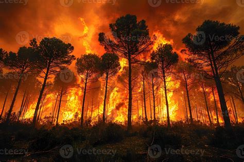 Intense Forest Fire Scene With Towering Flames And Thick Smoke