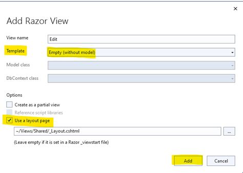 Visual Studio Add Button Disabed When Creating A View Stack Overflow