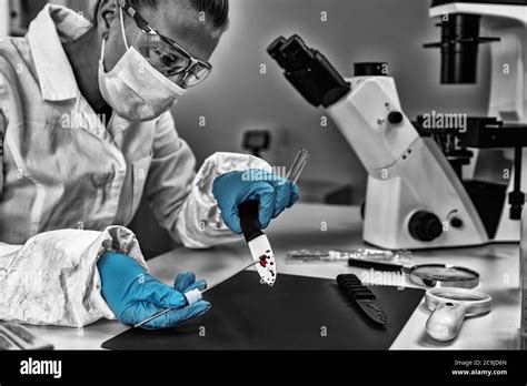 Forensic Science In Laboratory Police Expert Examining Crime Scene