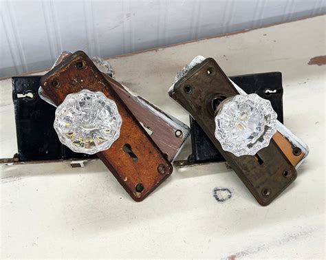 Set Of Vintage Glass Door Knobs With Original Hardware With Locks No