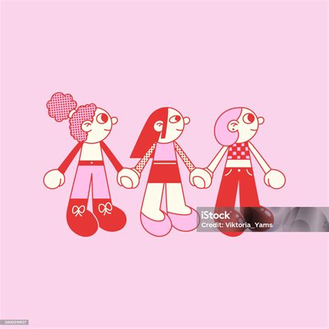 Cartoon Girls Holding Hands Vector Illustration Red And Pink Stock