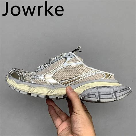 여성용 통기성 메쉬 플랫 스니커즈 하프 슬리퍼 라운드 토 레이스 업 플랫폼 신발 여성 플랫 봄 2023