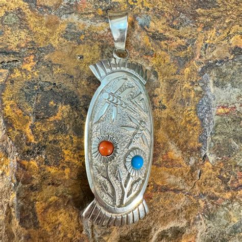 Sterling Silver Pendant W Turquiose And Red Coral By Philbert Begay Black Arrow Native American