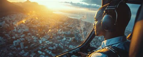 Helicopter Pilot Navigating The Skies Over A Cityscape At Sunset With Determination And Focus