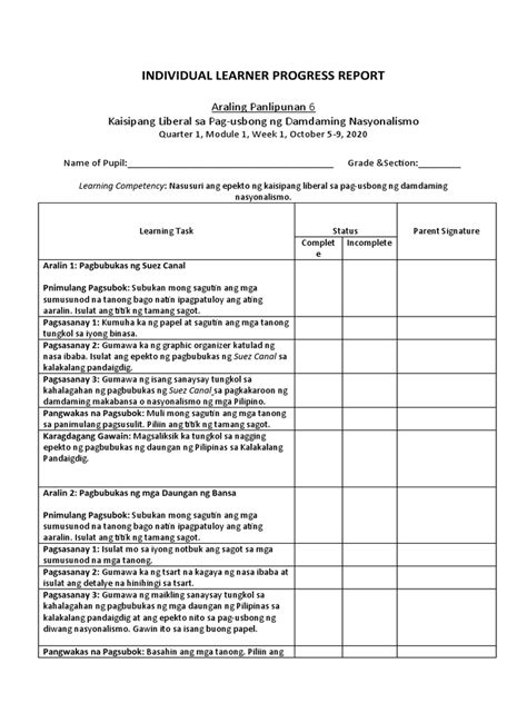 Individual Learner Progress Report Pdf