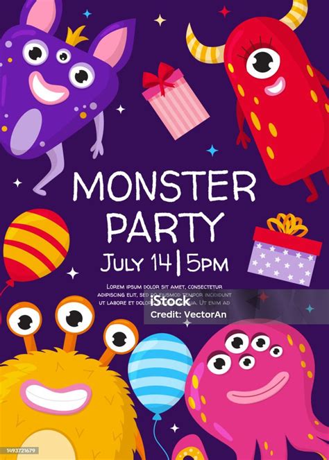 벡터 몬스터 파티 생일 축하 포스터 템플릿입니다 재미있는 외계인 괴물들은 장식 선물을 축하하고 보라색 배경에 풍선을 들고 있다 A4 배경 전단지 팜플렛 이벤트용 엽서 A4