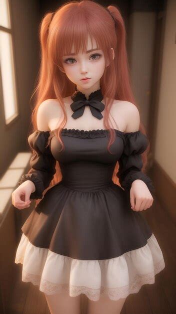 Chica De Anime Generada Por Ia Con Cabello Castaño Y Vestido Negro