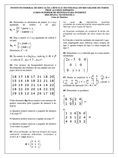 Lista De Matrizes Pdf