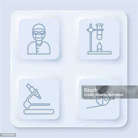 라인 어시스턴트 화재 히터의 유리 시험관 플라스크 현미경 및 위성을 설정합니다 흰색 사각형 버튼입니다 벡터 건강 검진에 대한