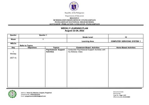 Weekly Learning Plan Week 1 Css Docx