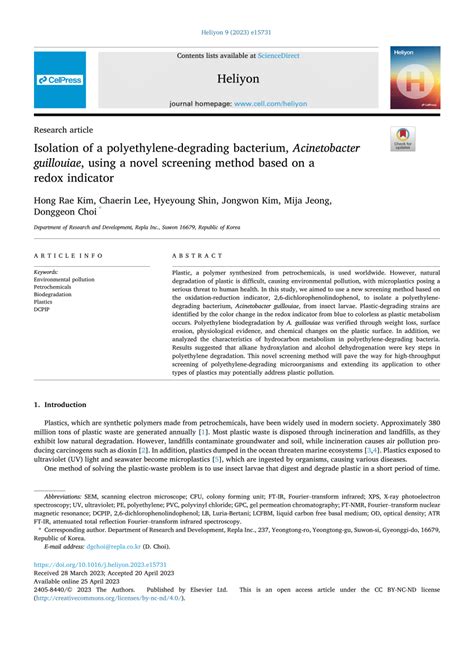 Pdf Isolation Of A Polyethylene Degrading Bacterium Acinetobacter Guillouiae Using A Novel