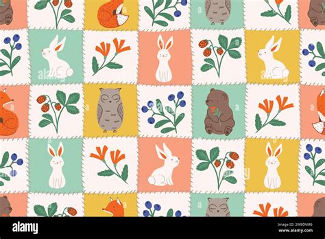 Seamless Vector Cheater Quilt Patchwork With Berrie Flowers And Cute