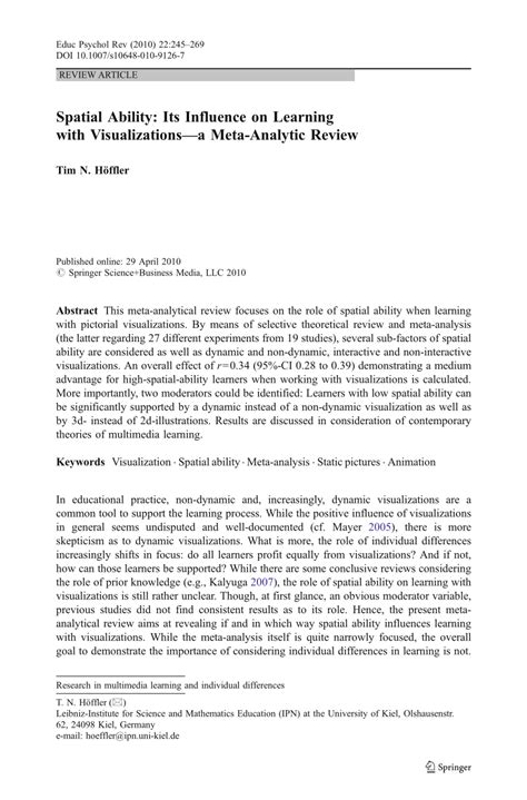 Pdf Spatial Ability Its Influence On Learning With Visualizations—a Meta Analytic Review