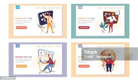 계획을 세우기 위해 종이 노트와 함께 보드 근처에 서있는 사람과 함께 작업 방문 페이지 템플릿을 구성하십시오 개념에 대한 스톡 벡터 아트 및 기타 이미지 Istock