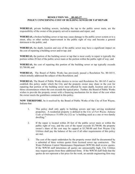 Tap Repair Policy City Of Fort Wayne